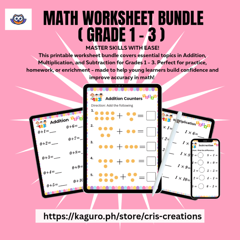 Math Worksheet Bundle ( Grades 1 – 3 ) - Kaguro Ph
