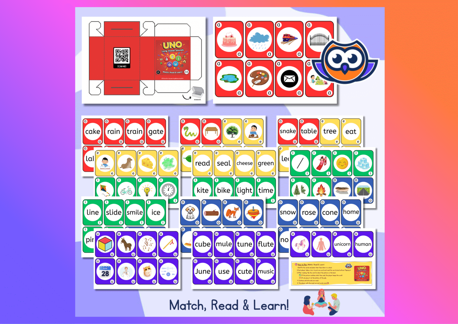 UNO CARDS Long Vowel Sounds: Match, Read & Learn - Kaguro Ph