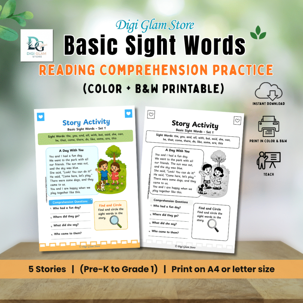 Basic Sight Words with Reading Comprehension Practice (Color + B&W ...