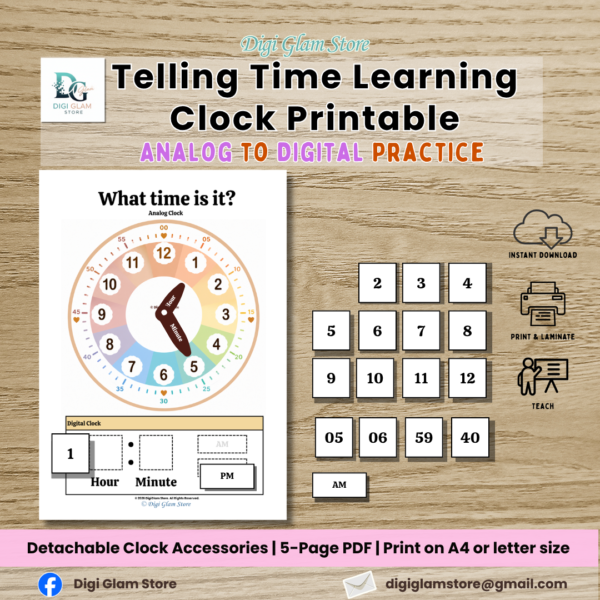 Telling Time Learning Clock Printable | Analog to Digital Practice ...